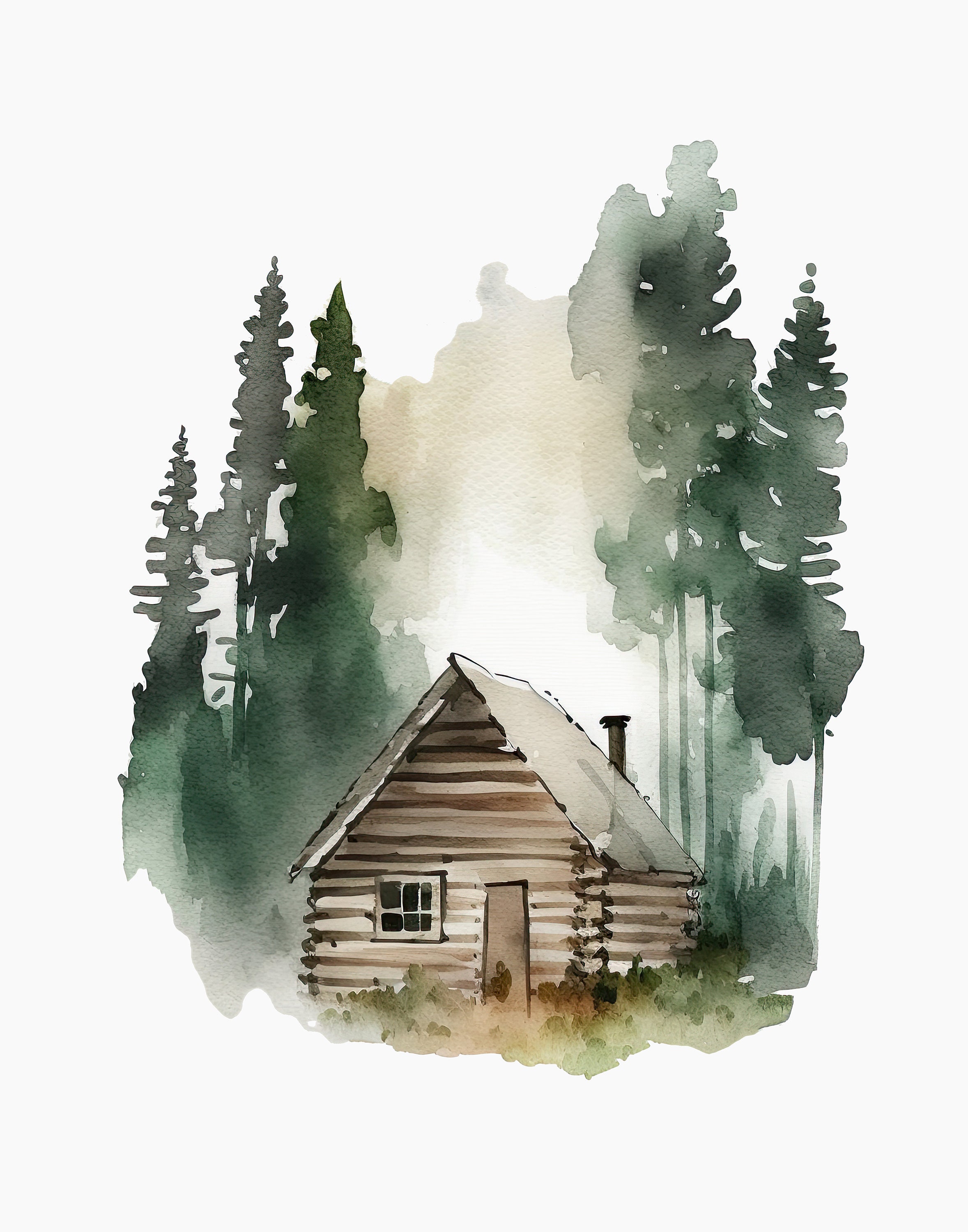 Log Cabin Forest Watercolor Print - Digital Download, Rustic Mountain ...