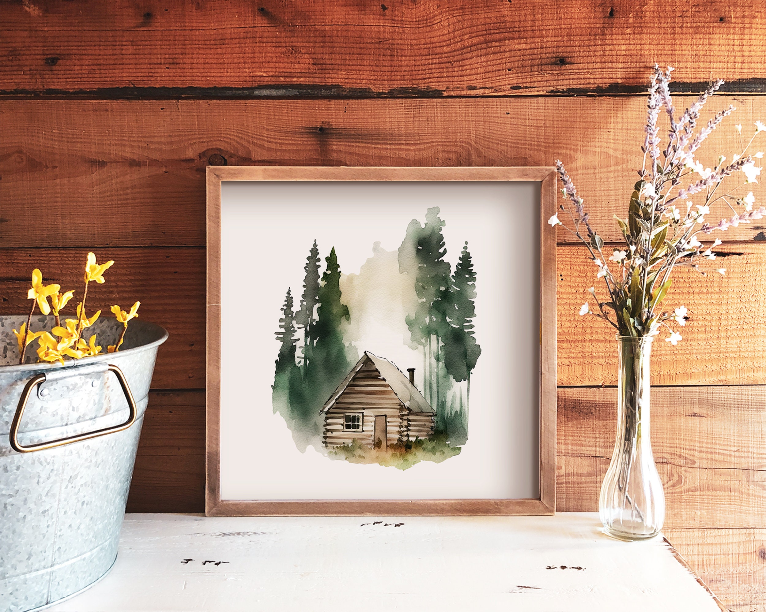 Log Cabin Forest Watercolor Print - Digital Download, Rustic Mountain ...