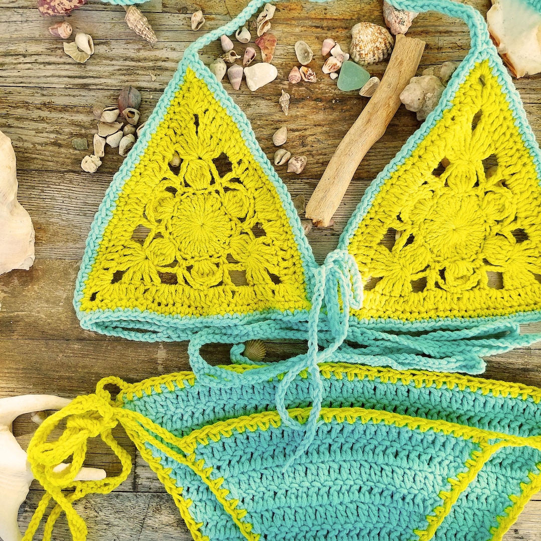 Crochet Bikini Set, Yellow Aqua Bikini Top & Bottom, Micro Coverage ...