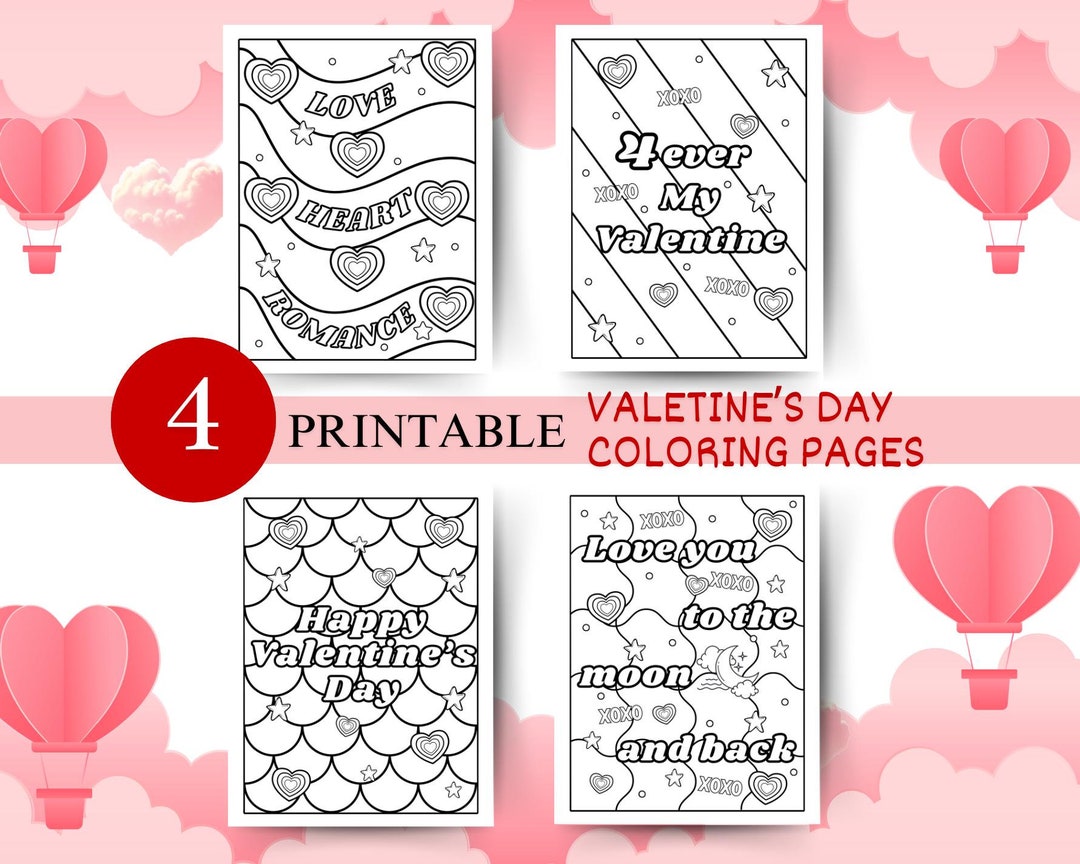 4 Printable Valentine Digital Coloring Pages, Hearts Color Sheets ...
