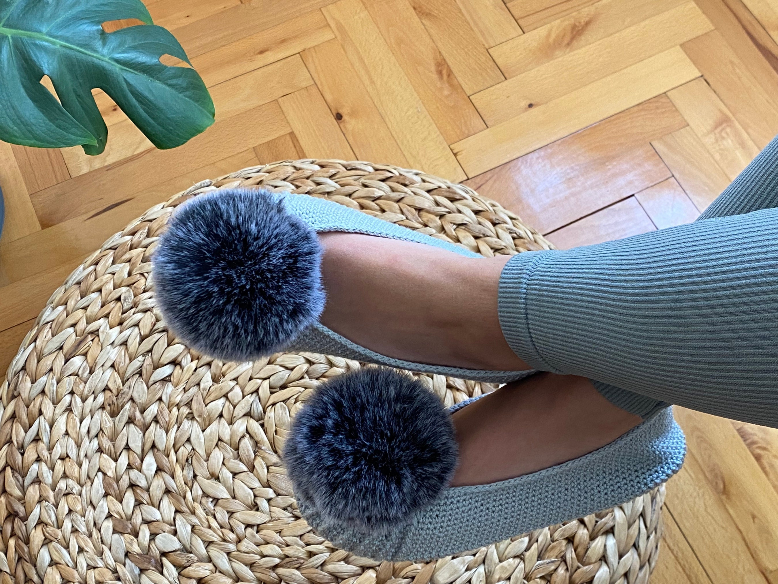 Pom Pom Slippers Grey Fluffy Crochet Shoes for Women Hand Knitted Cozy ...
