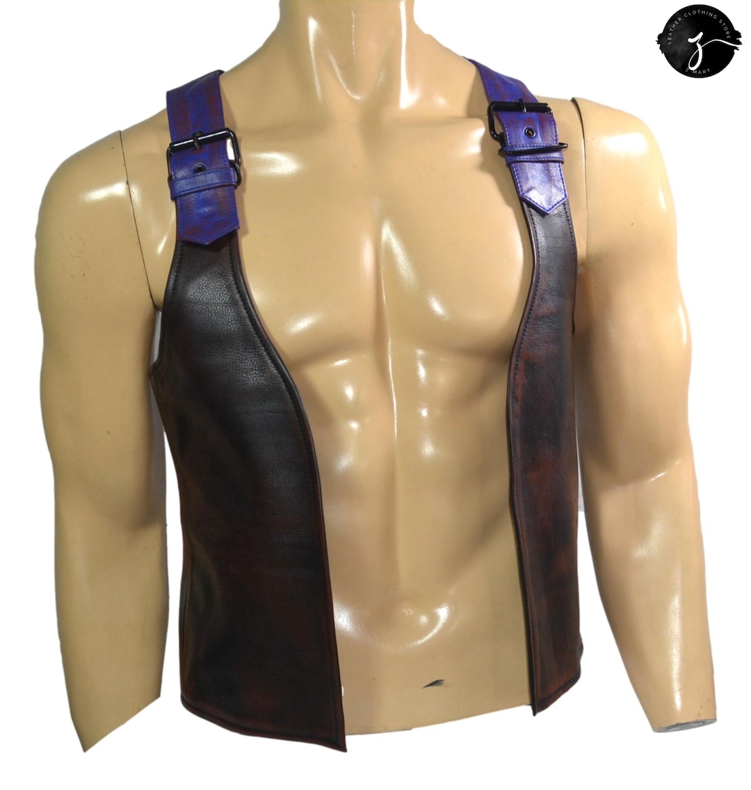 Men's Distressed Leather Bar Vest Open Front Sleeveless Harness Style ...