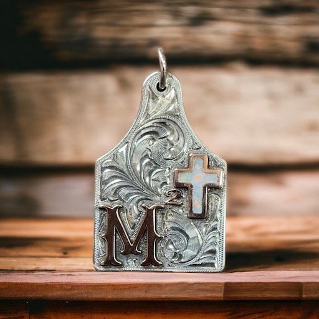 Custom Cow Ear Tag Pendant With Brand and Crushed Opal Inlay - Etsy