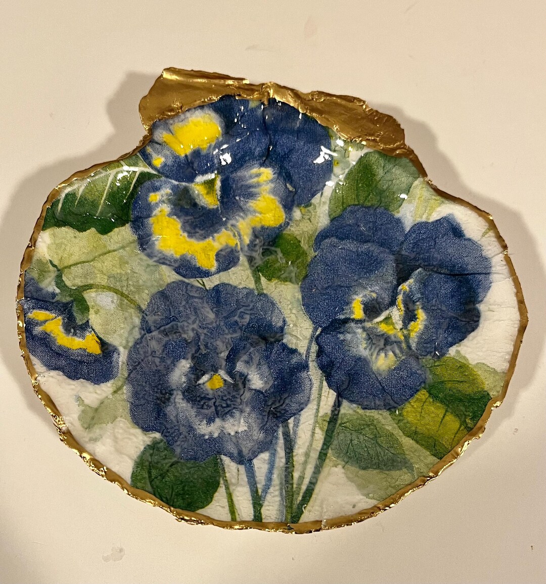 Floral Purple Pansies Scallop Shell, Seashell Decoupage Trinket Dish ...