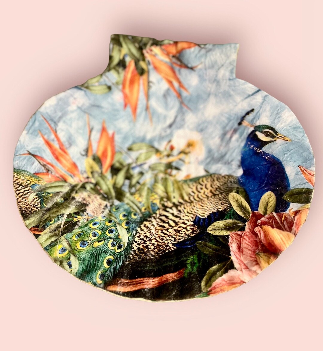 Extra Large Decoupaged Scallop Shell Dish Peacock Bird Decorative Trinket Dish - Etsy