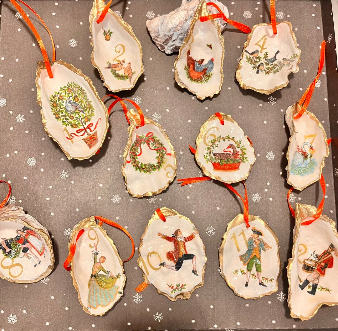 Set of Decoupaged Oyster Shell Christmas Ornaments 12 Days of - Etsy