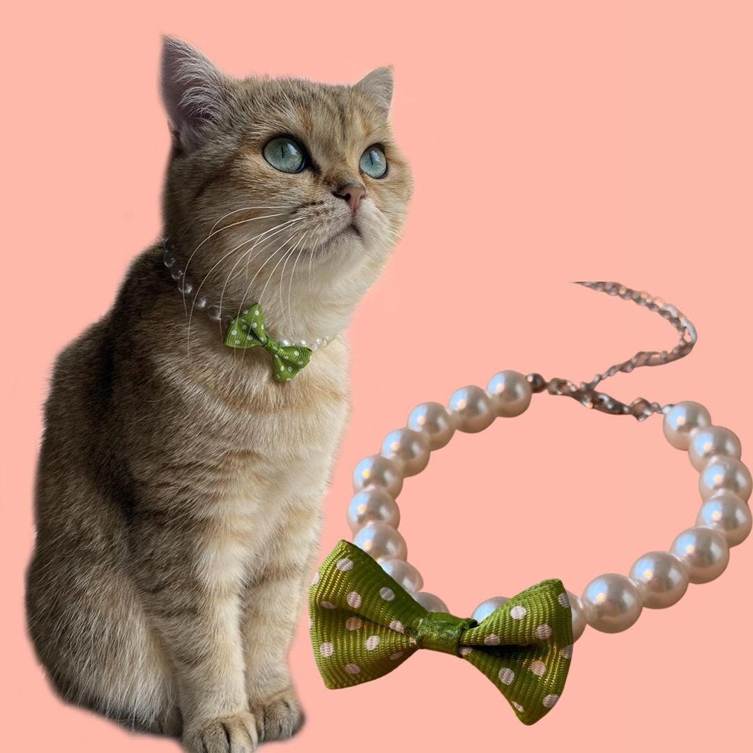 Cat and Dog Pearl Necklace/ Doggie Kitten and Puppy Bow Tie Collar ...