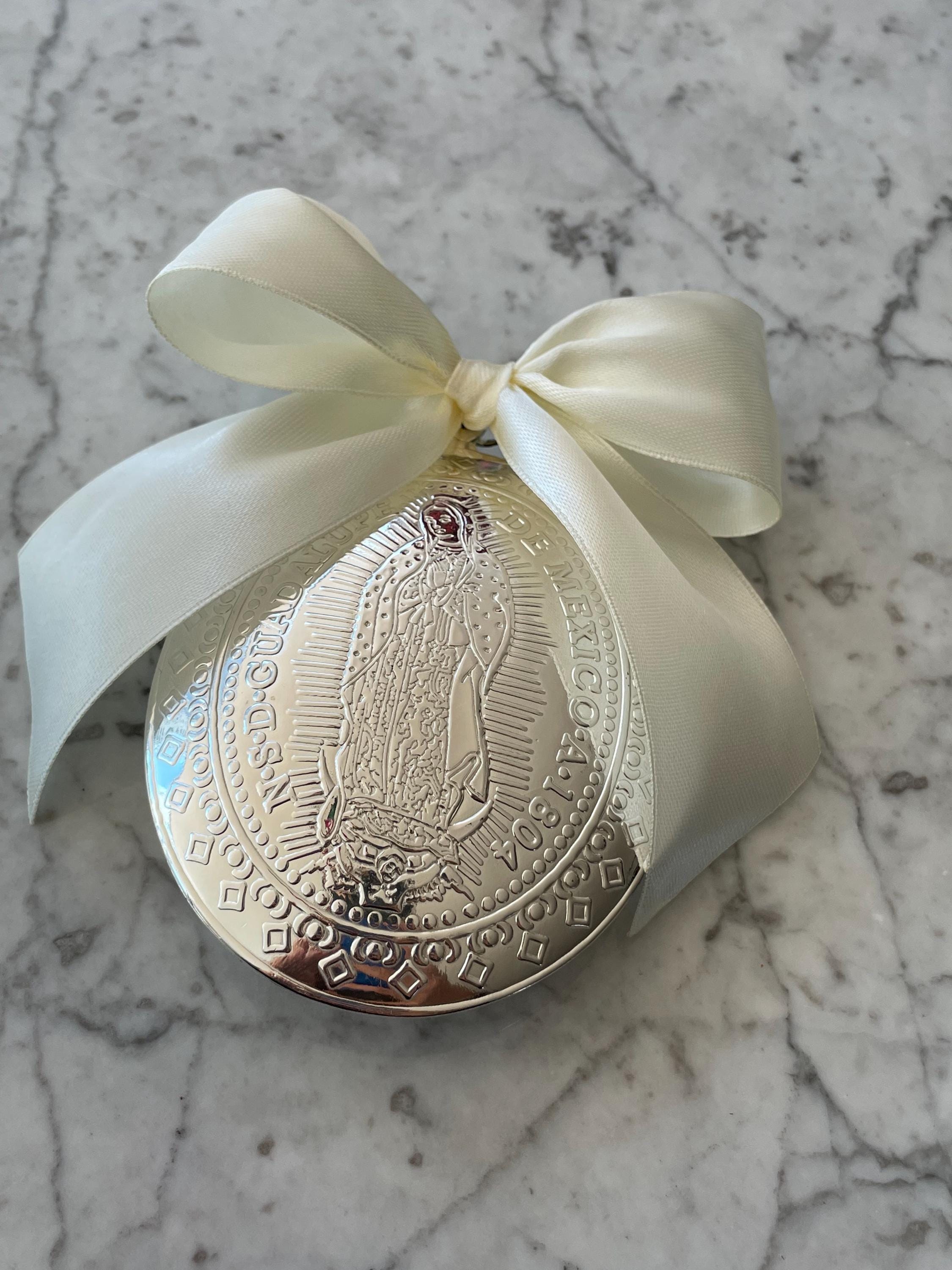 Silver Plated Crib Medal- Virgin of Guadalupe - Ivory Bow - Religious ...