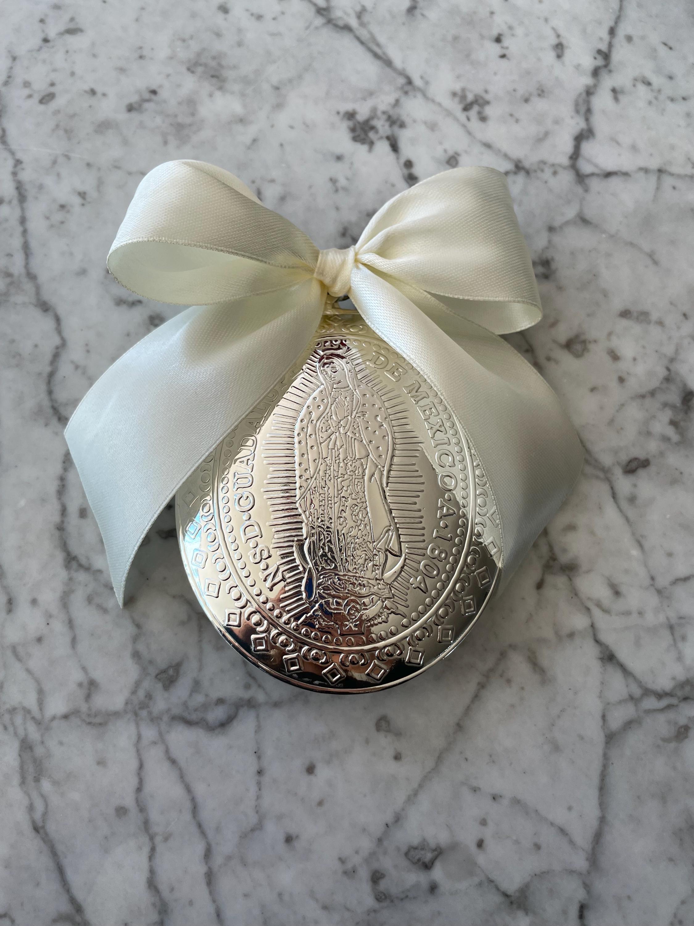 Silver Plated Crib Medal- Virgin of Guadalupe - Ivory Bow - Religious ...