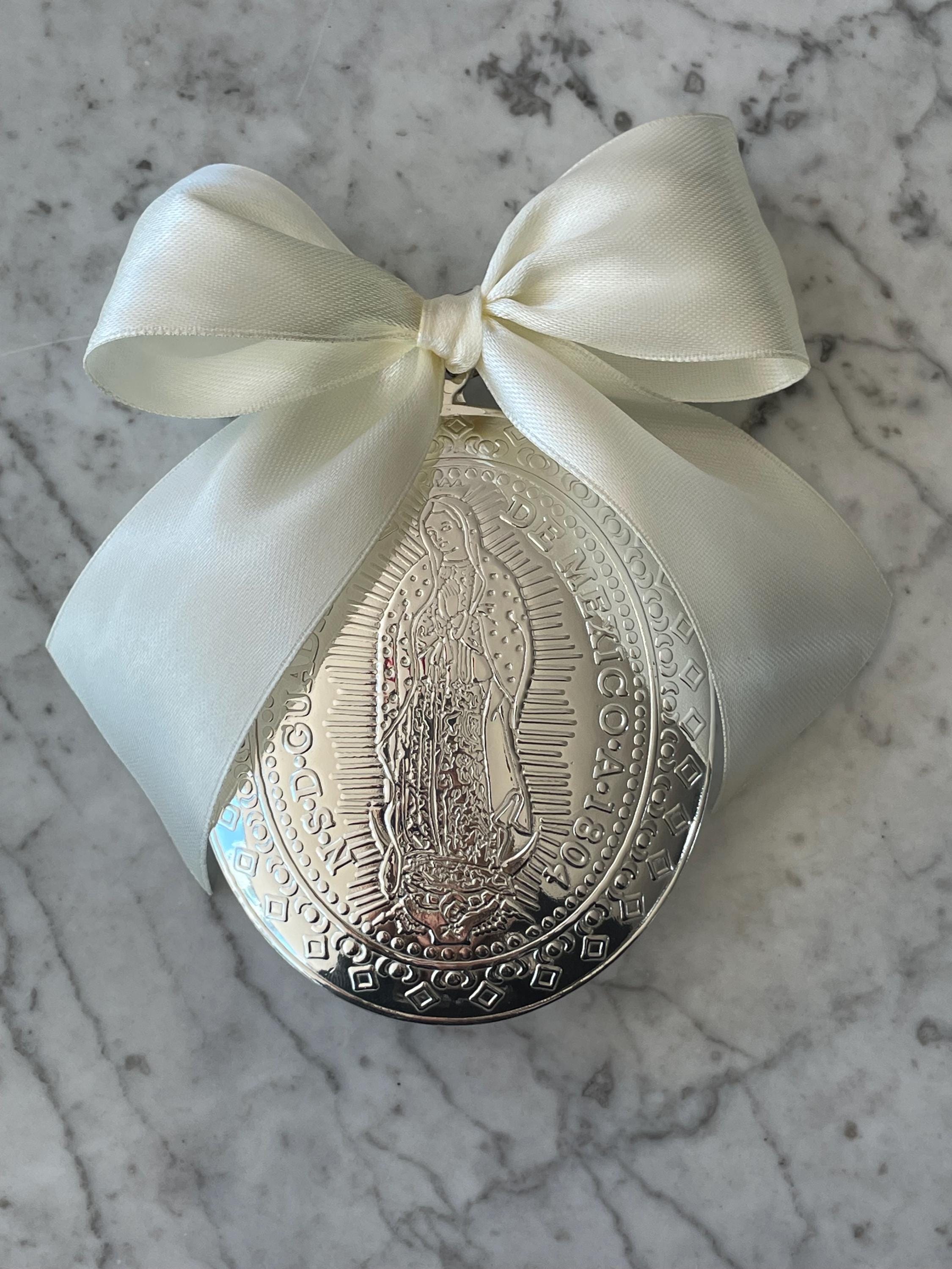 Silver Plated Crib Medal- Virgin of Guadalupe - Ivory Bow - Religious ...