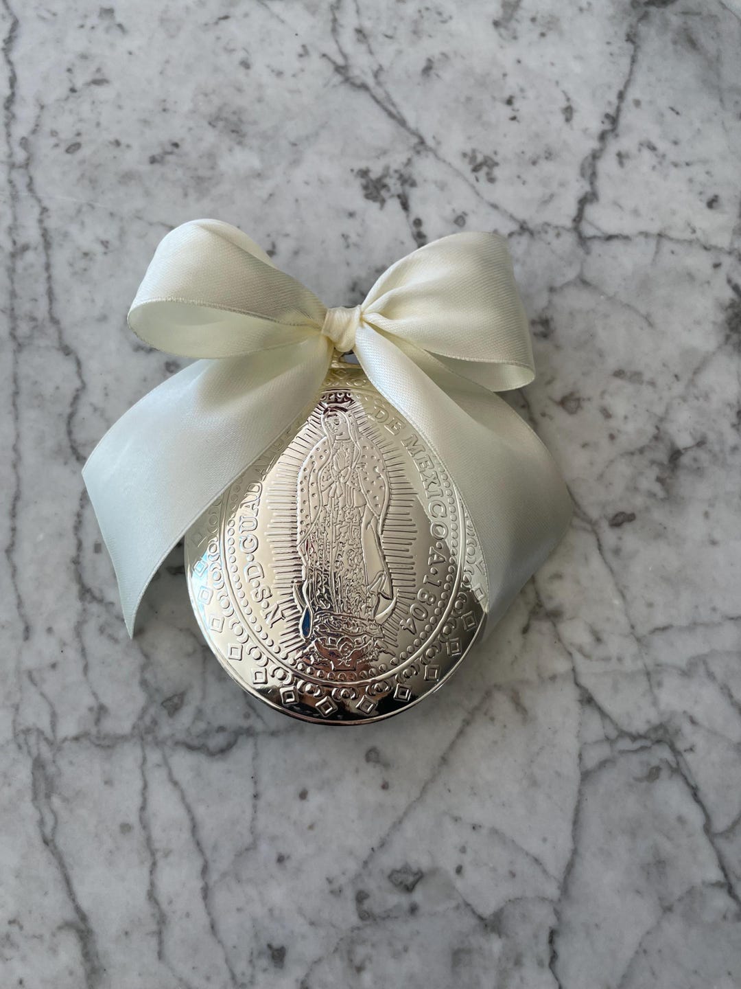 Silver Plated Crib Medal- Virgin of Guadalupe - Ivory Bow - Religious ...