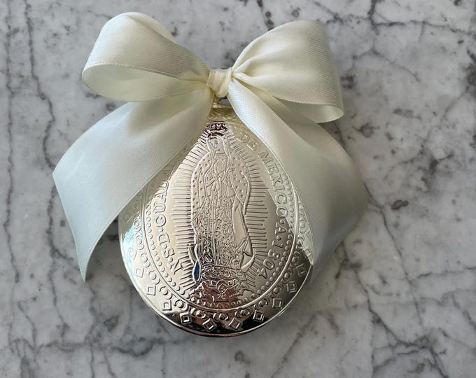 Silver Plated Crib Medal- Virgin of Guadalupe - Ivory Bow - Religious ...