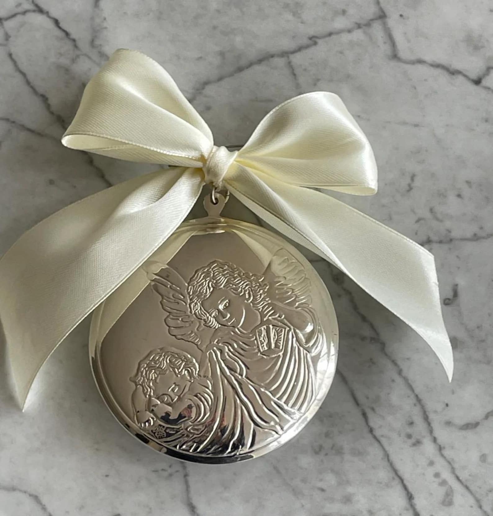 Silver Plated Crib Medal- Guardian Angel- Ivory Bow - Religious Gift ...