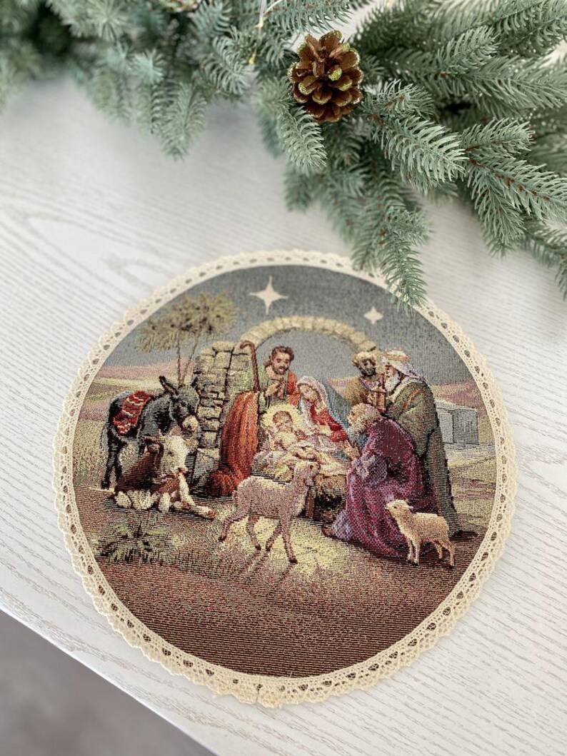 Nativity Scene Christmas Tablecloth, Blue Tapestry With Golden Lurex - Etsy