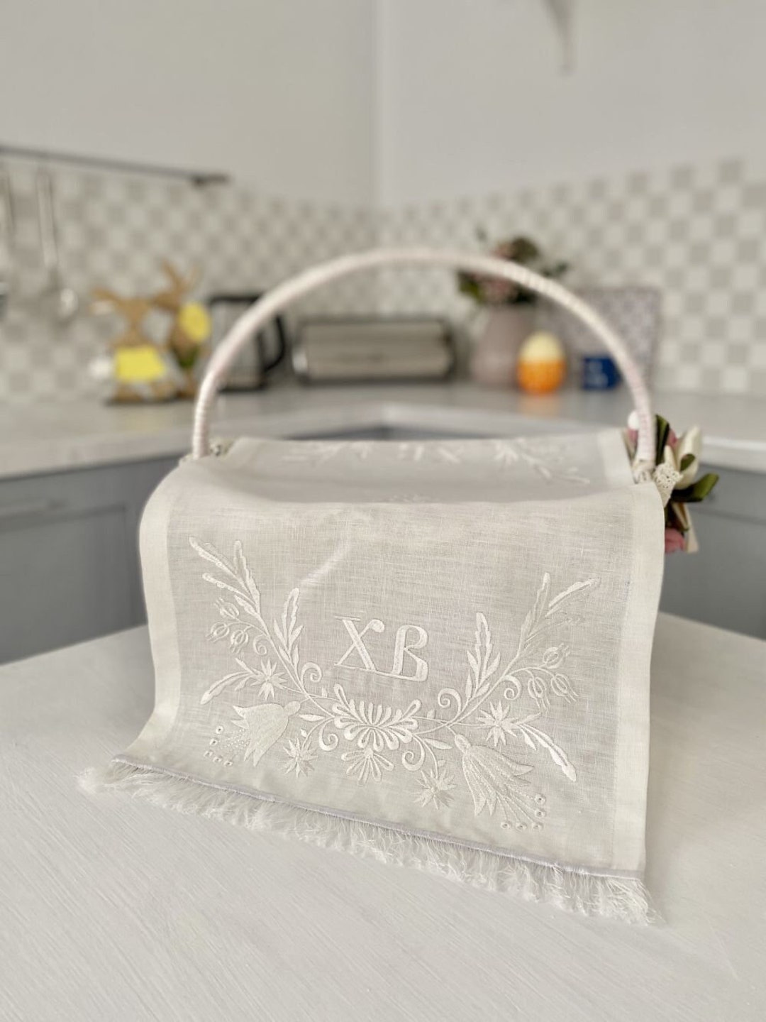 Embroidered Easter Basket Cover. 100% Linen. Traditional Easter Basket ...