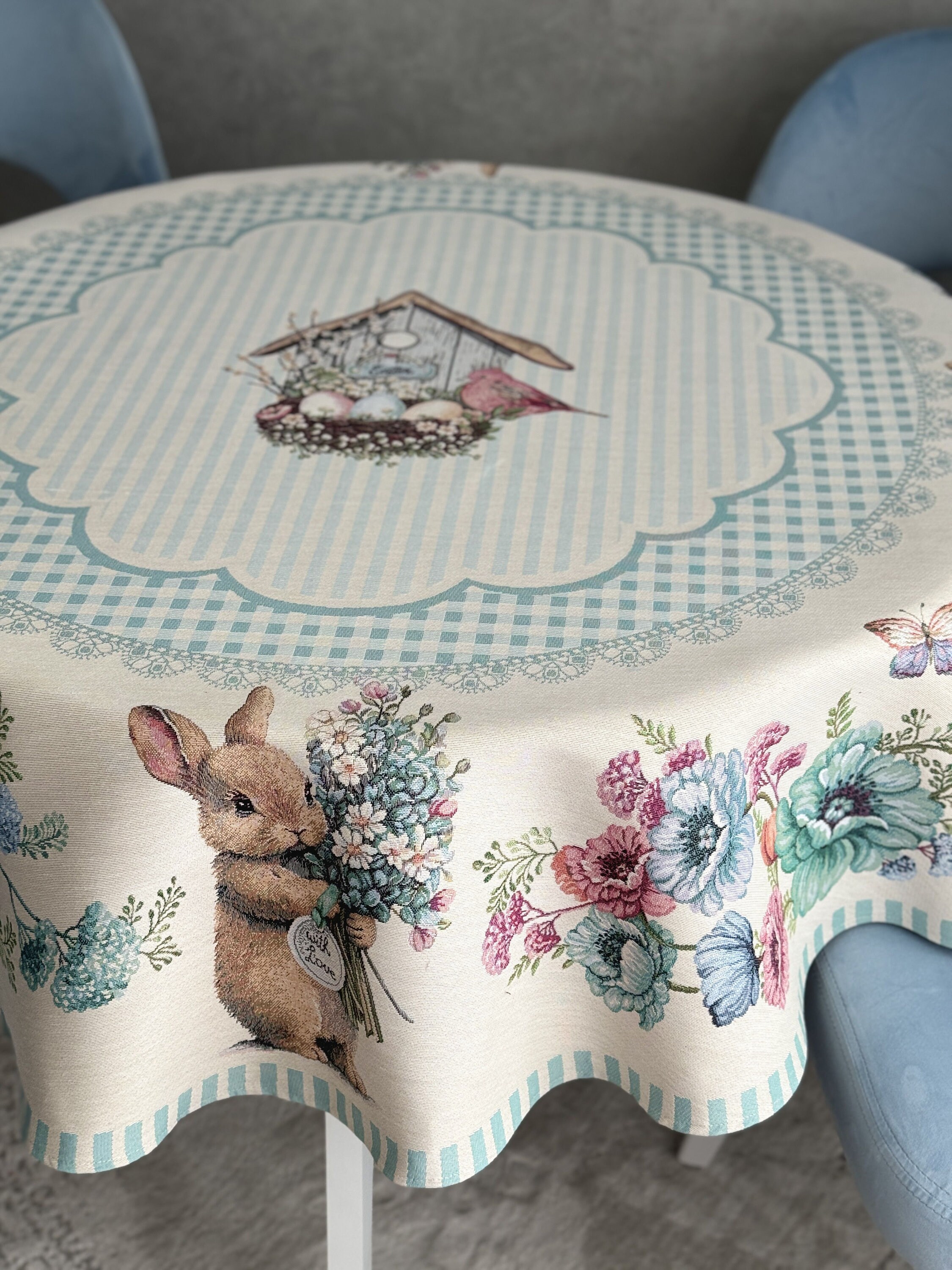 Easter Round Tablecloth With Easter Bunny and Flowers. Tapestry Fabric ...