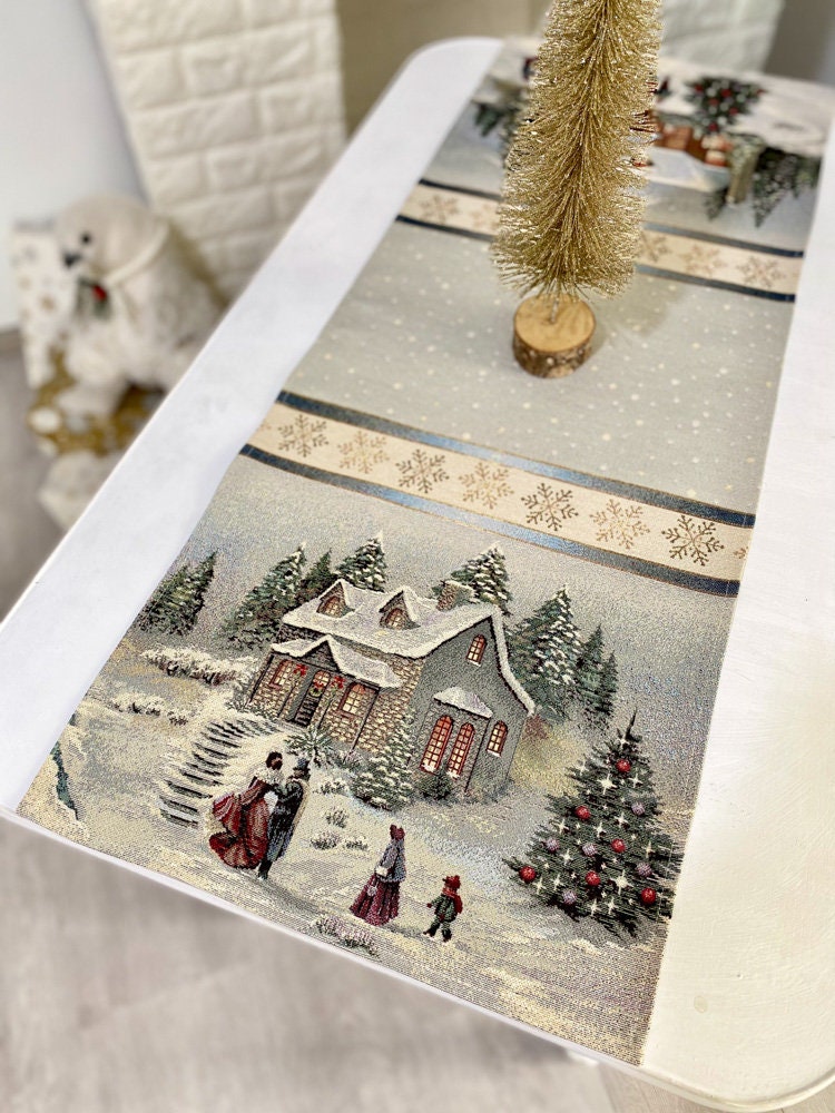 Oval Christmas Tablecloth With Snowy Highlands, Tapesrty Fabric, Xmas ...
