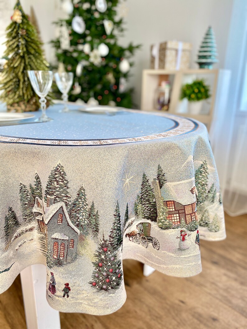 Oval Christmas Tablecloth With Snowy Highlands, Tapesrty Fabric, Xmas ...