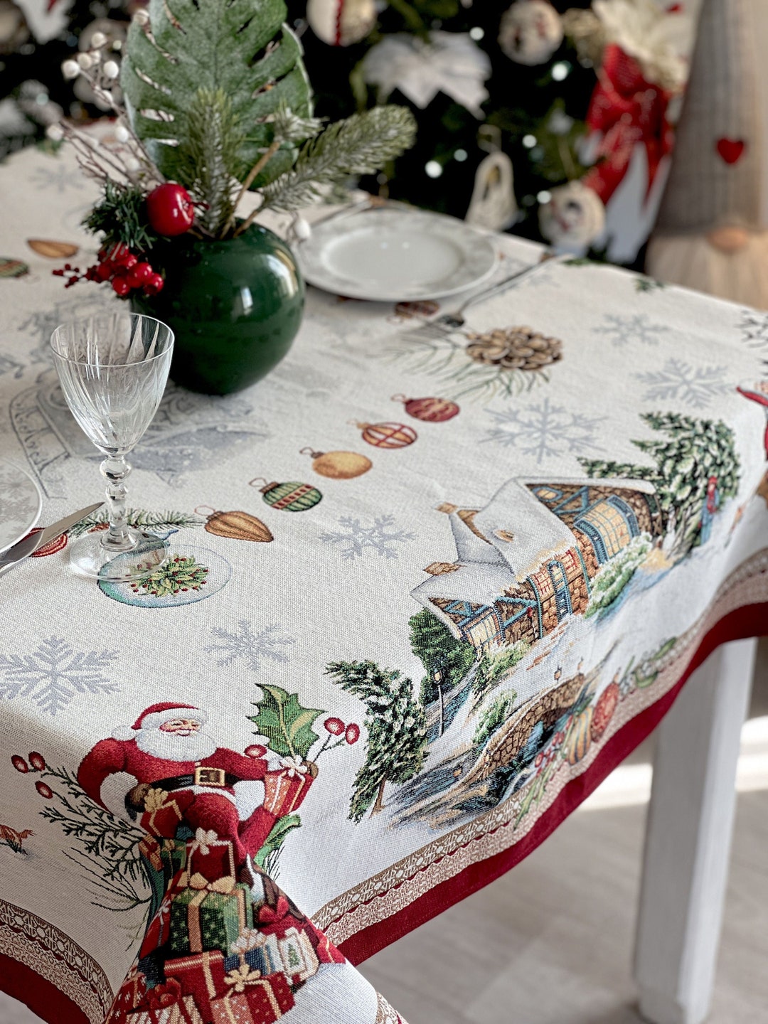 Winter Holiday Table Cloth With Santa. Christmas Table Linens. Silver ...