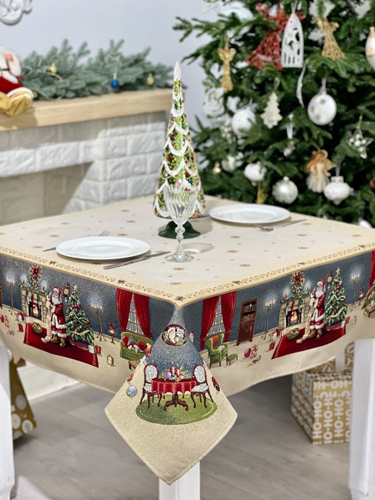 Rectangular or Square Christmas Tablecloth, Winter Holiday Table Linens, Golgen Thread Tapestry ...