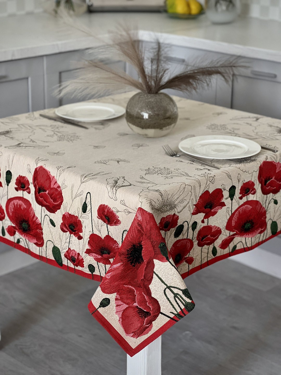 Red Poppy Tapestry Tablecloth: Floral Spring Table Linens. Gift for ...
