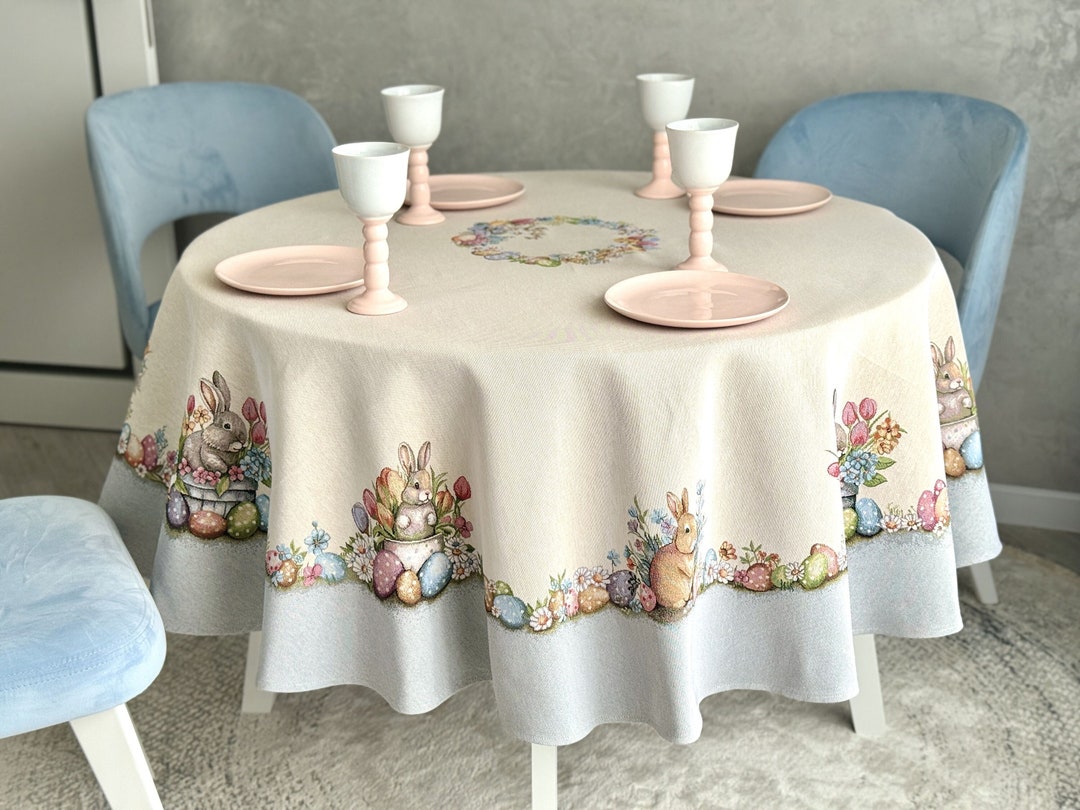 Round Easter Tablecloth 70 With Easter Eggs, Flowers, and Bunny ...