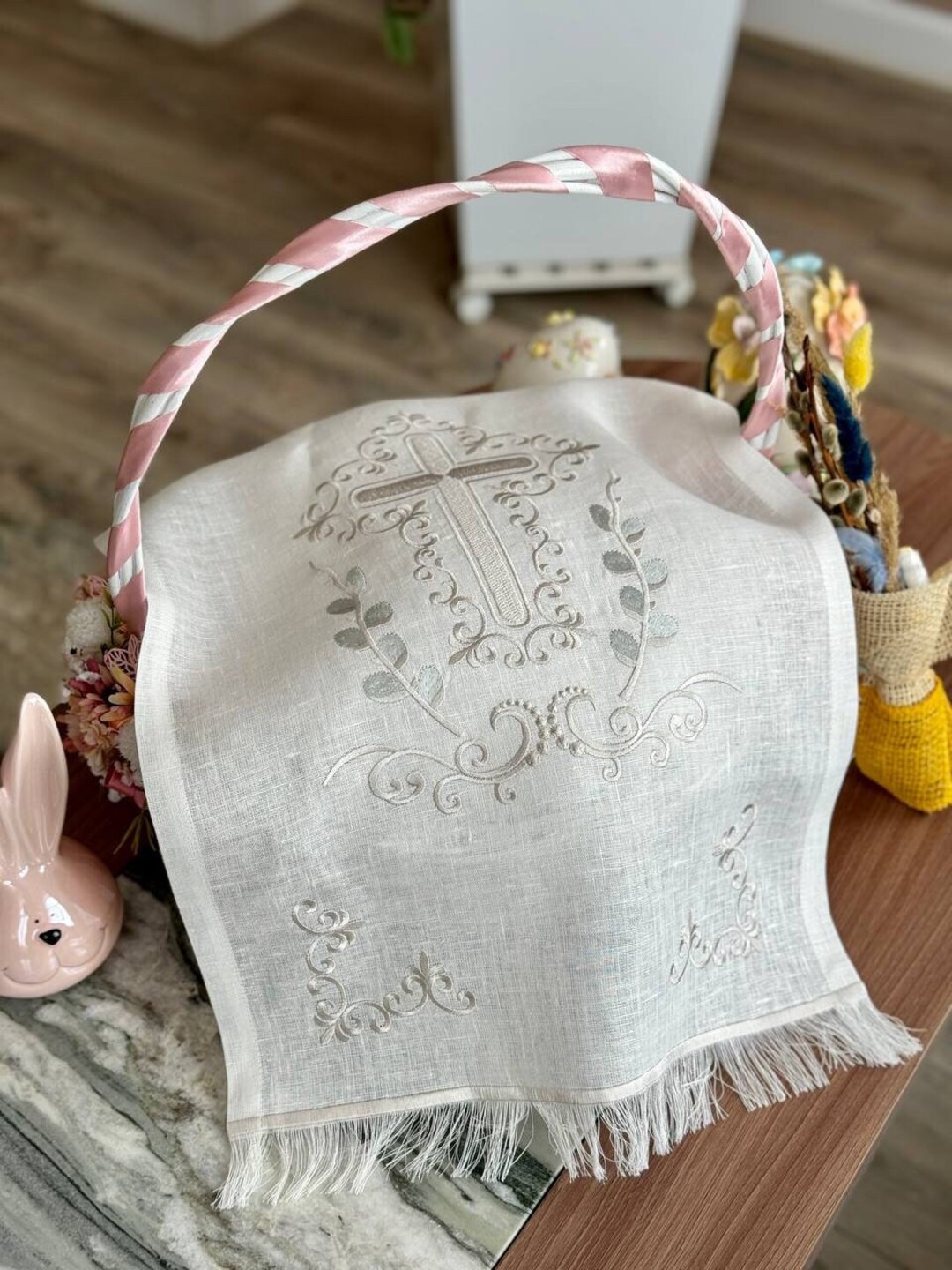 White Embroidered Easter Basket Cover. 100% Linen. Traditional Orthodox ...
