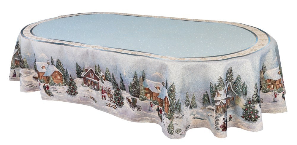Oval Christmas Tablecloth With Snowy Highlands, Tapesrty Fabric, Xmas ...