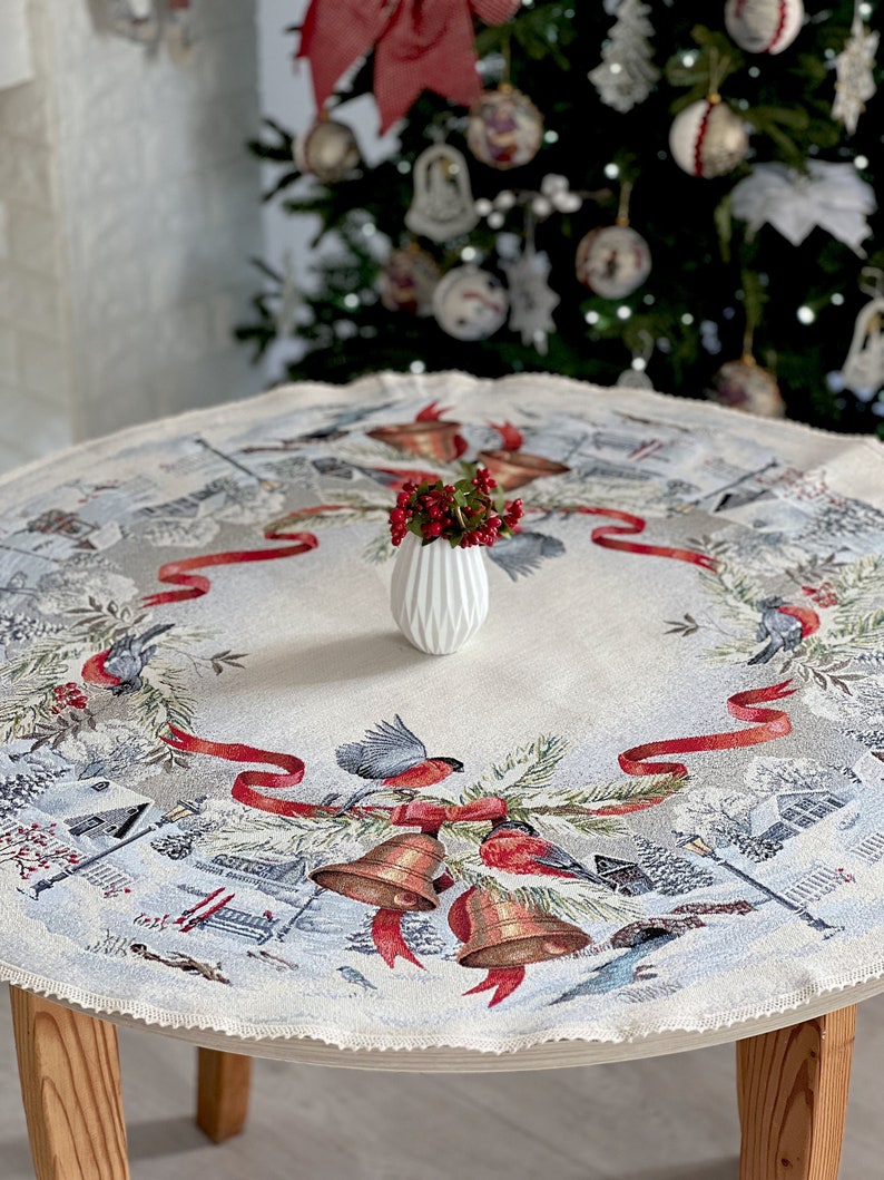 Round Christmas Tablecloth, Winter Holiday Table Linens, Xmas Tapestry ...