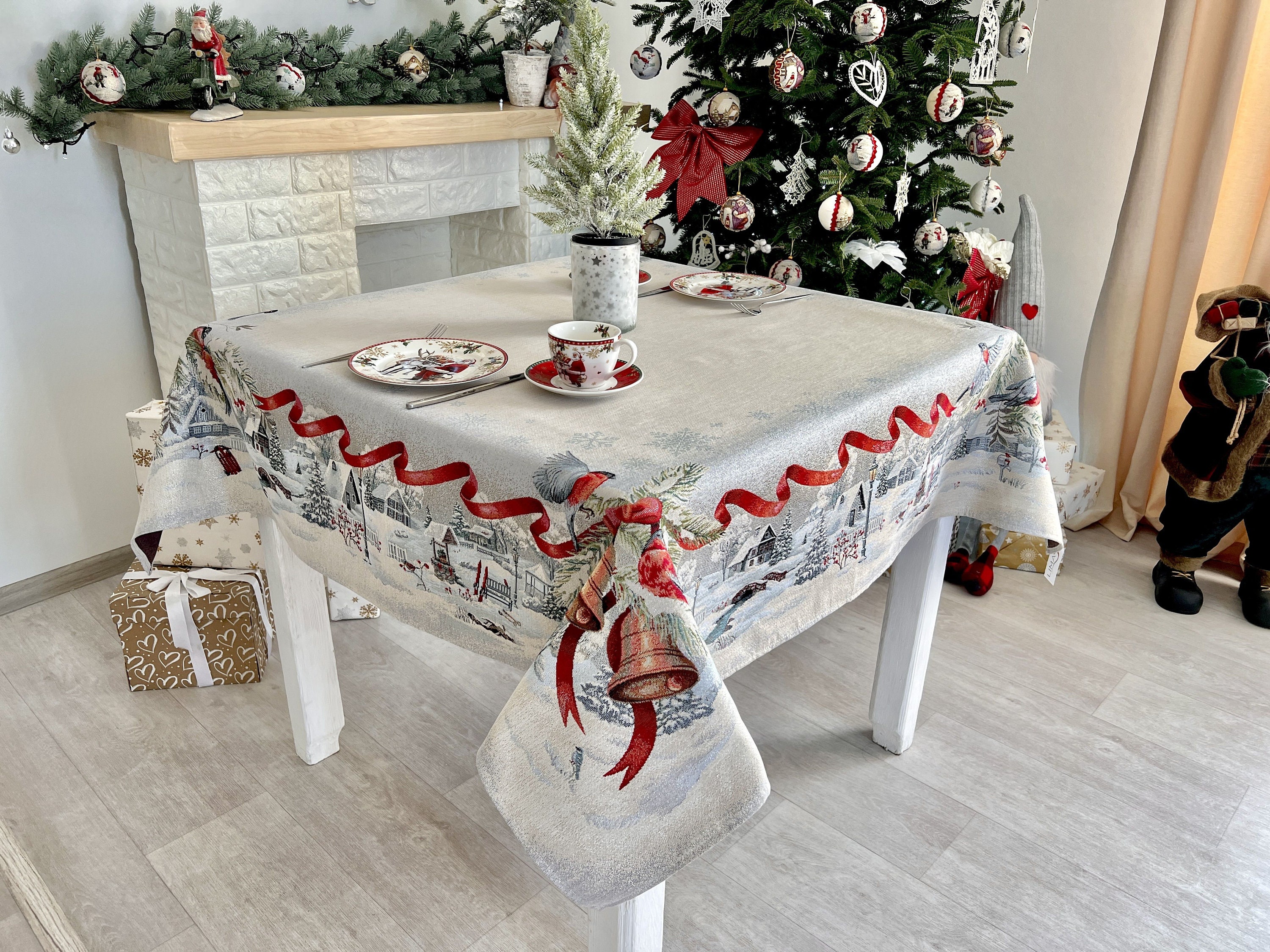 Oval Christmas Tablecloth, Winter Holiday Table Linens, Xmas Tapestry ...