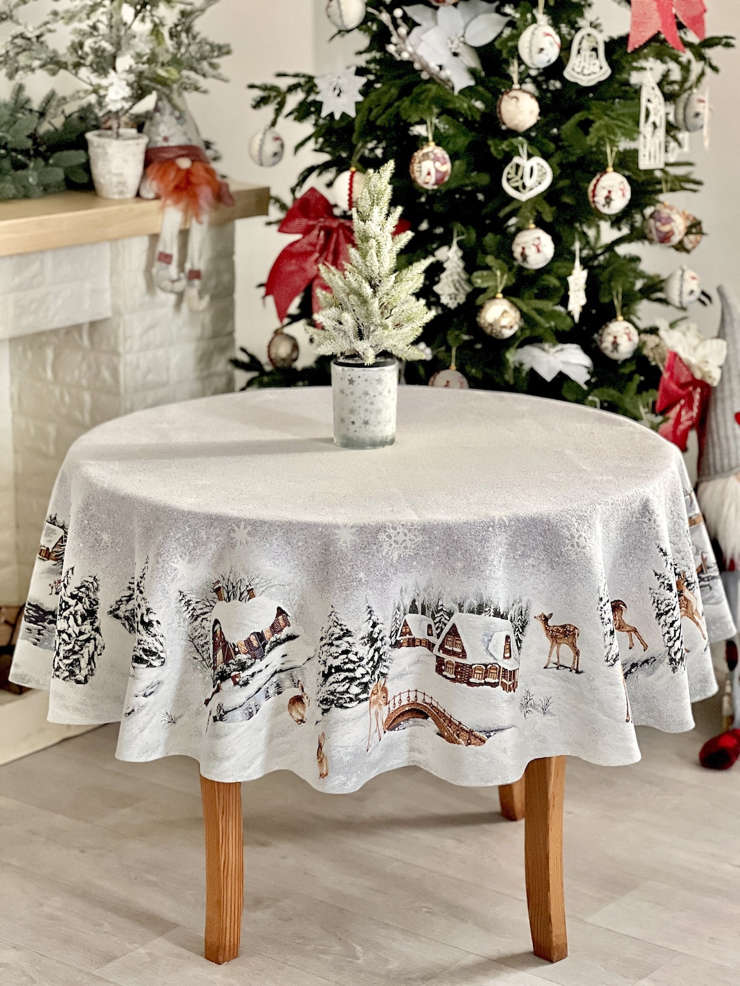 Winter Holiday Round Tablecloth. Snowy, Cozy and Festive. Winter Home ...