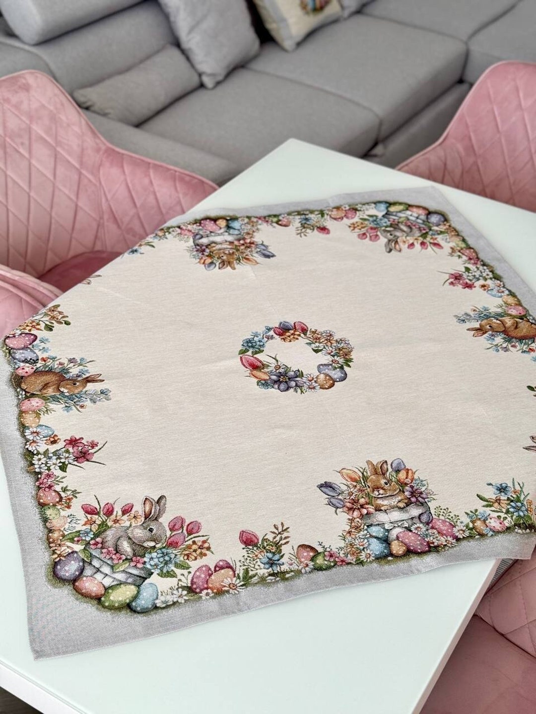 Easter Table Topper With Easter Eggs, Flowers, and Bunny. Tapestry ...