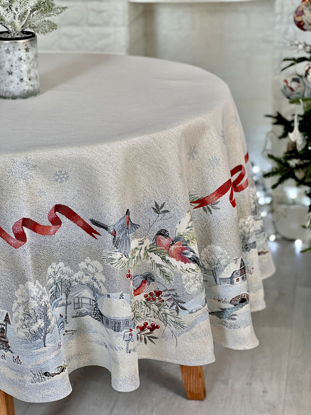 Round Christmas Tablecloth, Winter Holiday Table Linens, Xmas Tapestry ...