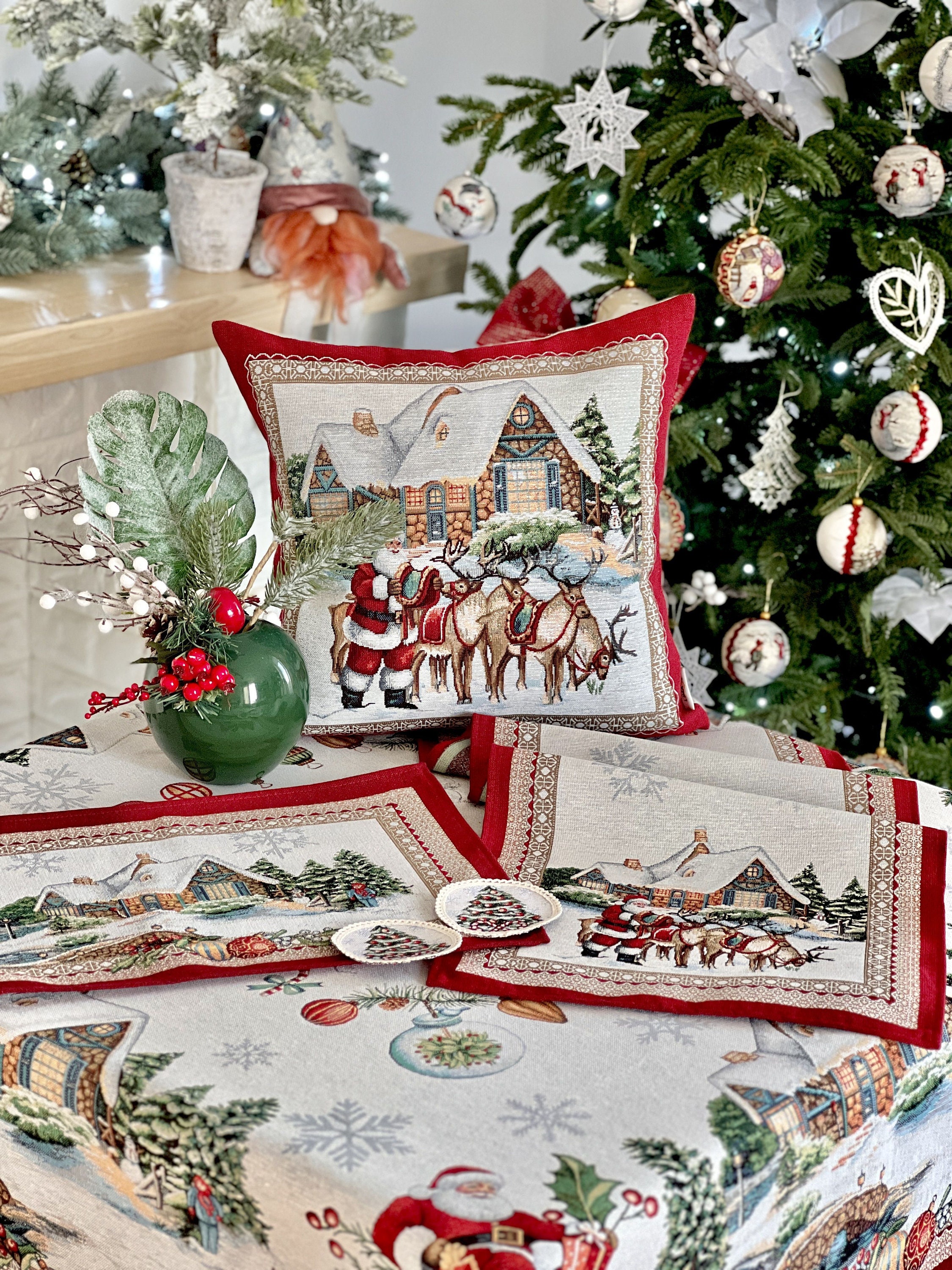 Winter Holiday Table Cloth With Santa. Christmas Table Linens. Silver ...