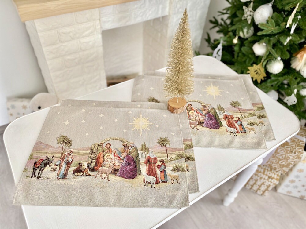 Christmas Round Tablecloth With Nativity Scene, Tapesrty Fabric With ...