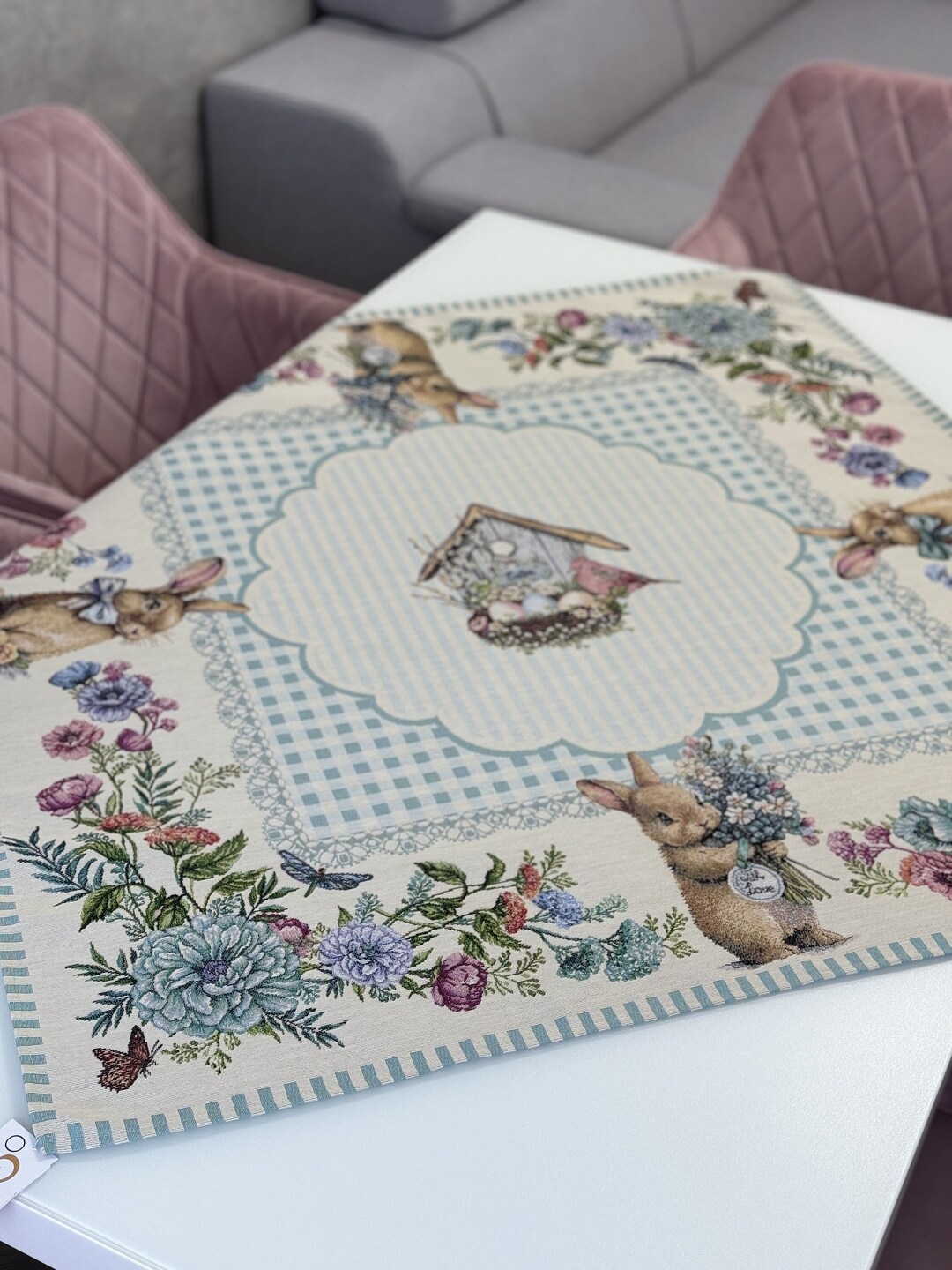 Easter Table Centrepiece With Bunny and Flowers. Tapestry Fabric. Small ...