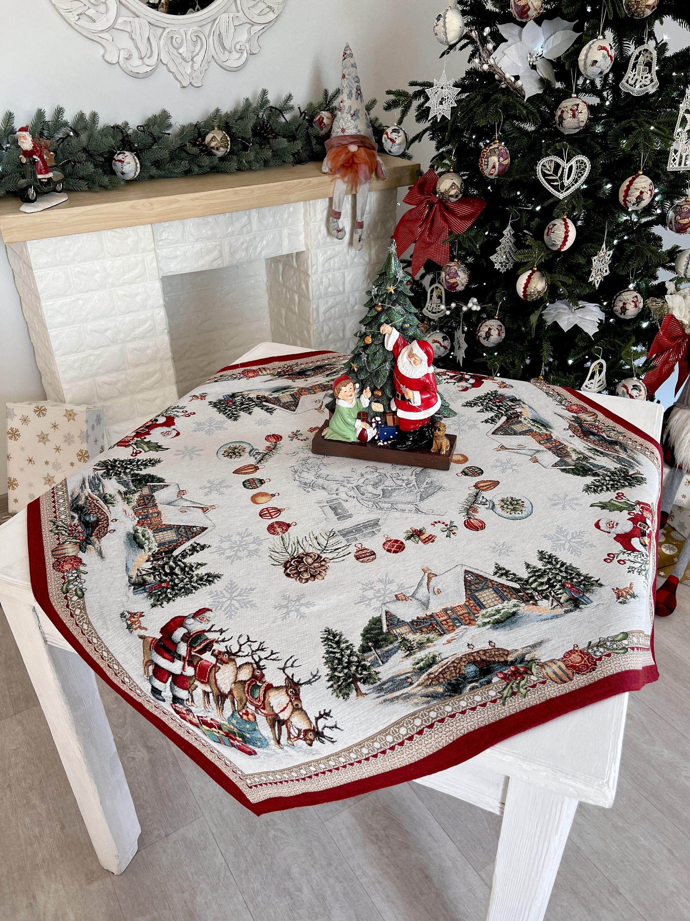 Winter Holiday Table Cloth With Santa. Christmas Table Linens. Silver ...