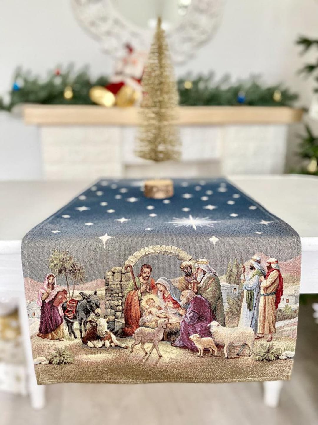 Nativity Scene Christmas Table Runner: Tapestry Fabric With Golden ...