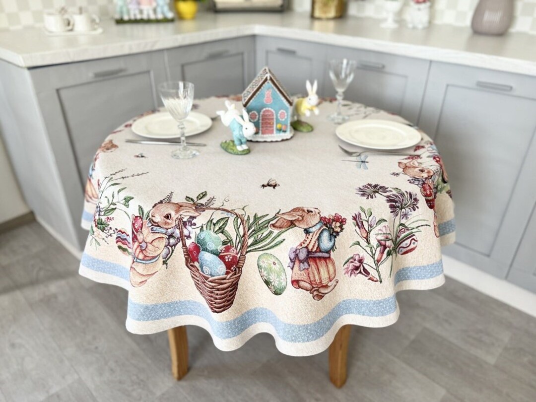 Round Easter Tablecloth With Easter Eggs and Bunny, Tapestry Fabric ...