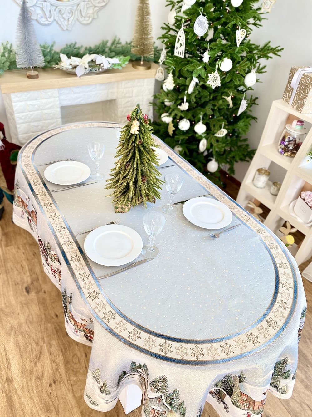 Oval Christmas Tablecloth With Snowy Highlands, Tapesrty Fabric, Xmas ...