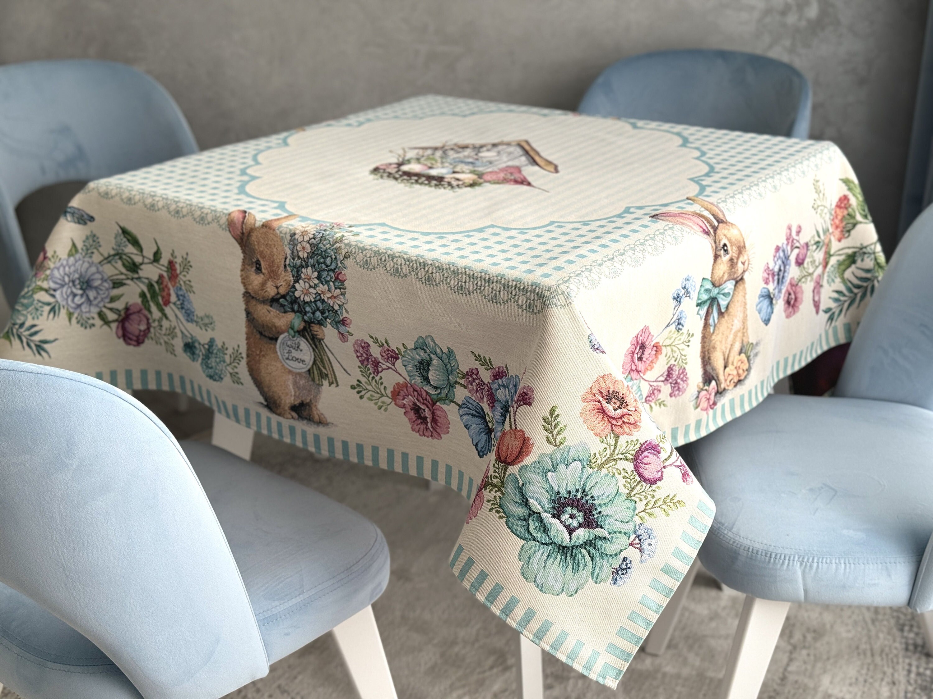 Easter Round Tablecloth With Easter Bunny and Flowers. Tapestry Fabric ...