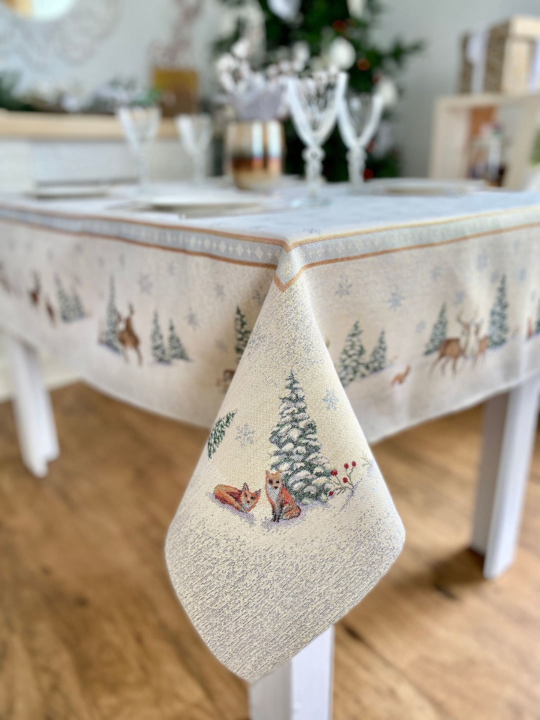 Winter Holiday Tablecloth With Christmas Trees and Deers, Christmas ...