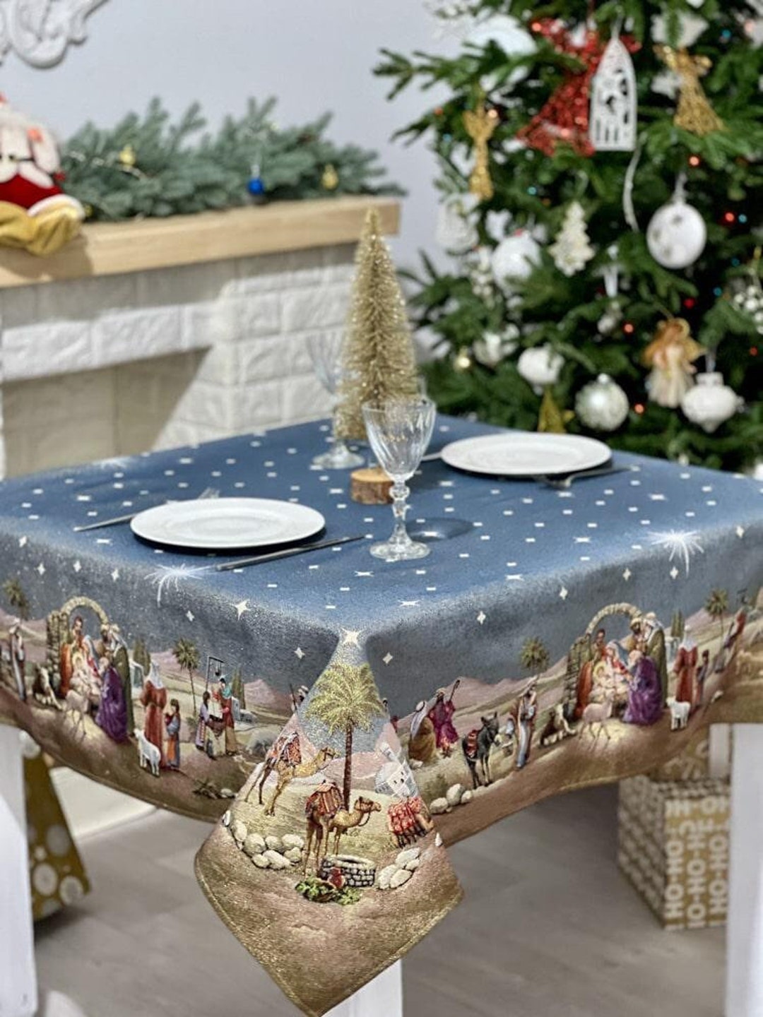 Christmas Nativity Scene Table Cover From Tapestry Fabric With Gold ...