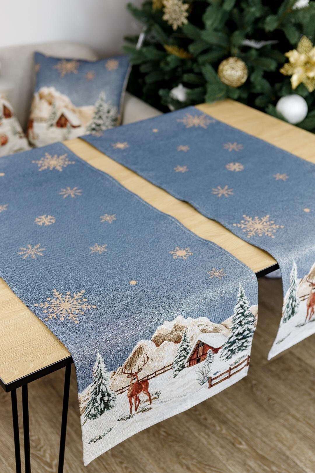 Elegant Blue Christmas Table Runner With Snow Highlands and Deer ...