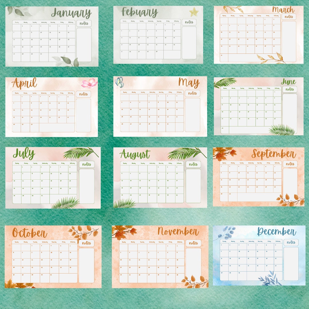 2024 Printable Calendar, Horizontal Watercolor Graphics, Cute Monthly ...