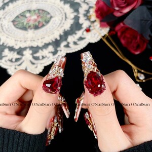 Scarlet Petals Onailsun Bling Red Ruby Rhinestone Diamond Beads Golden ...