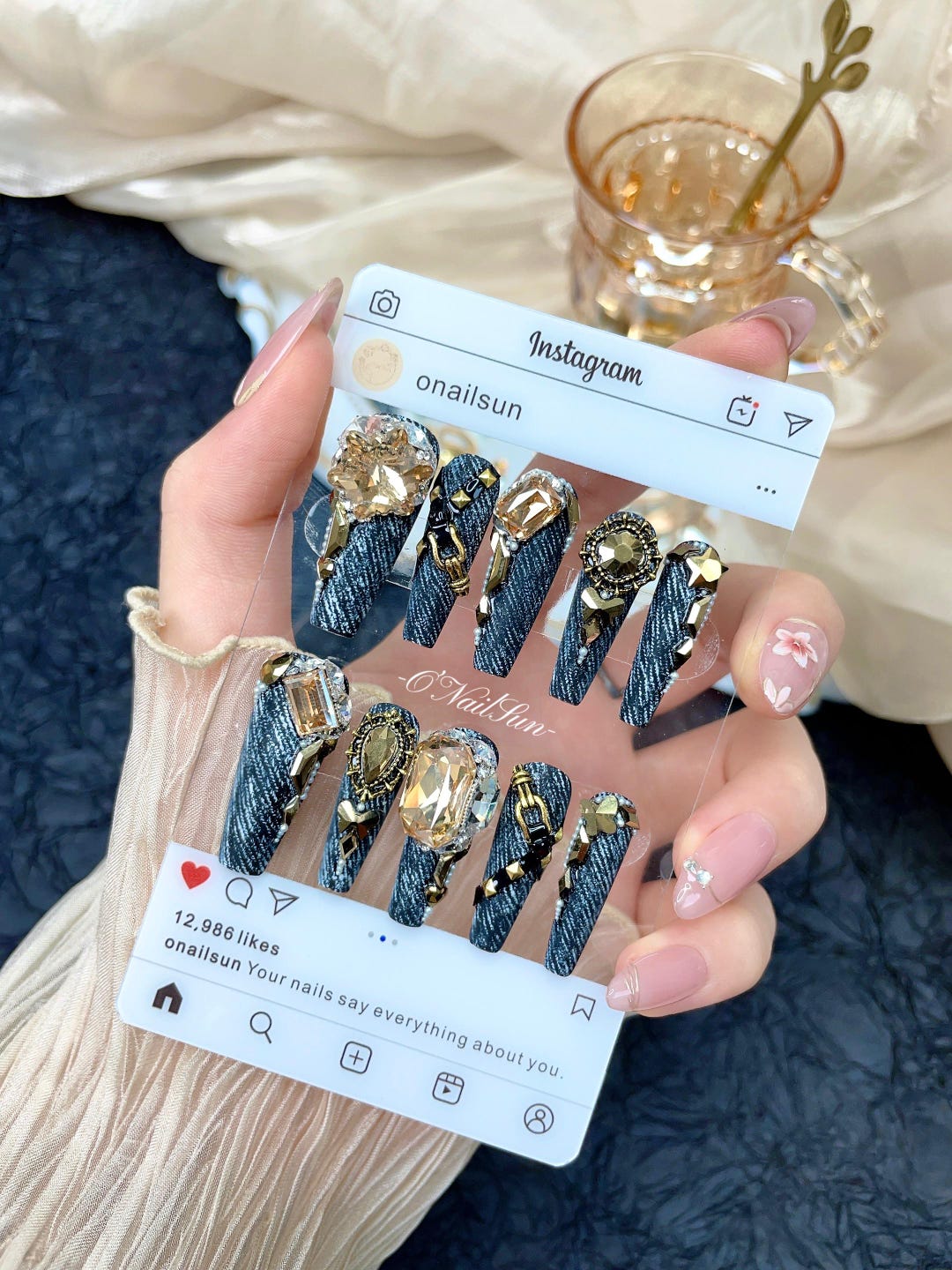 Gold Black Denim Onailsun Textured Fabric Nails Rhinestone Metallic ...