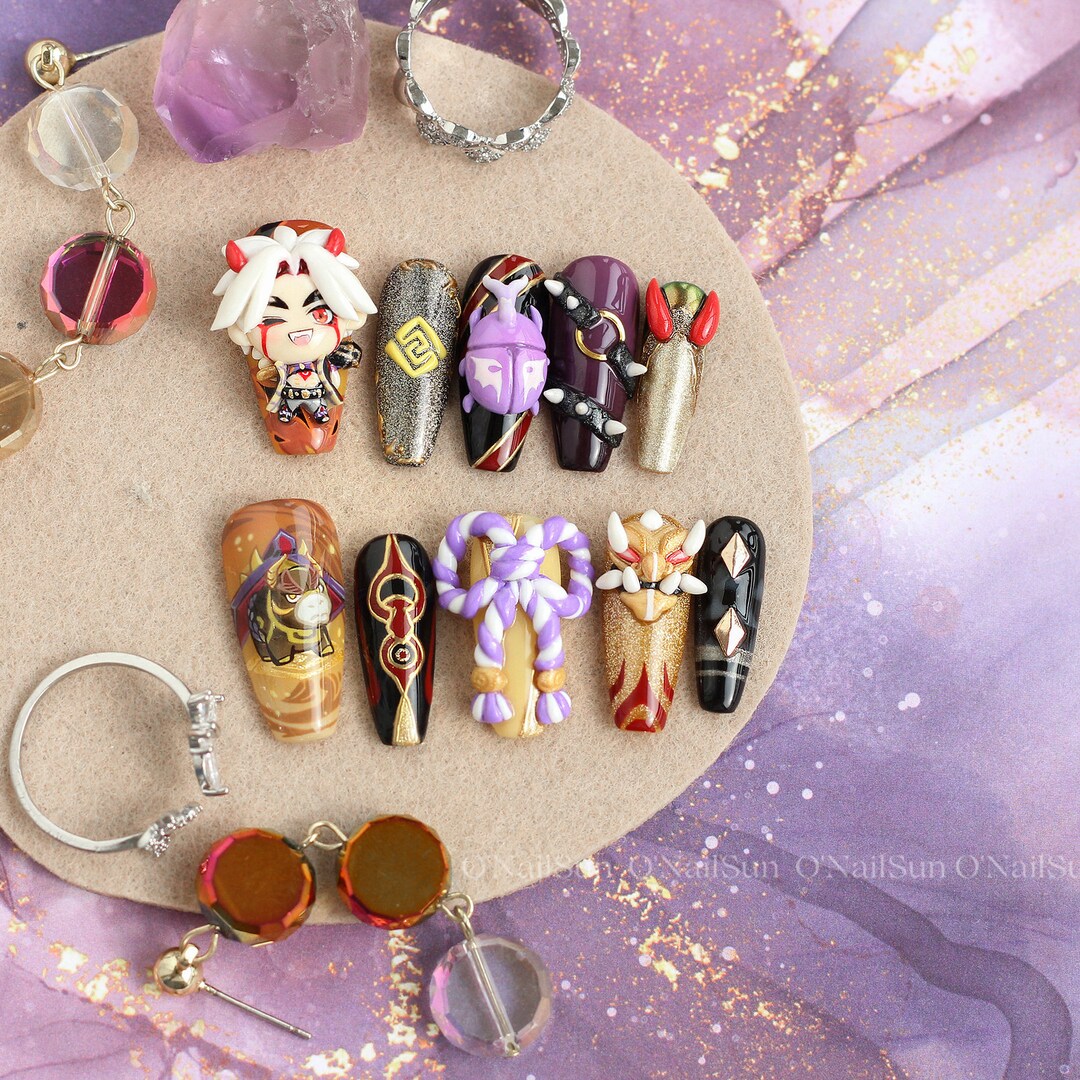 The Pride of Oni Arataki Itto Onailsun 3D Nails Purple Golden Kawaii ...