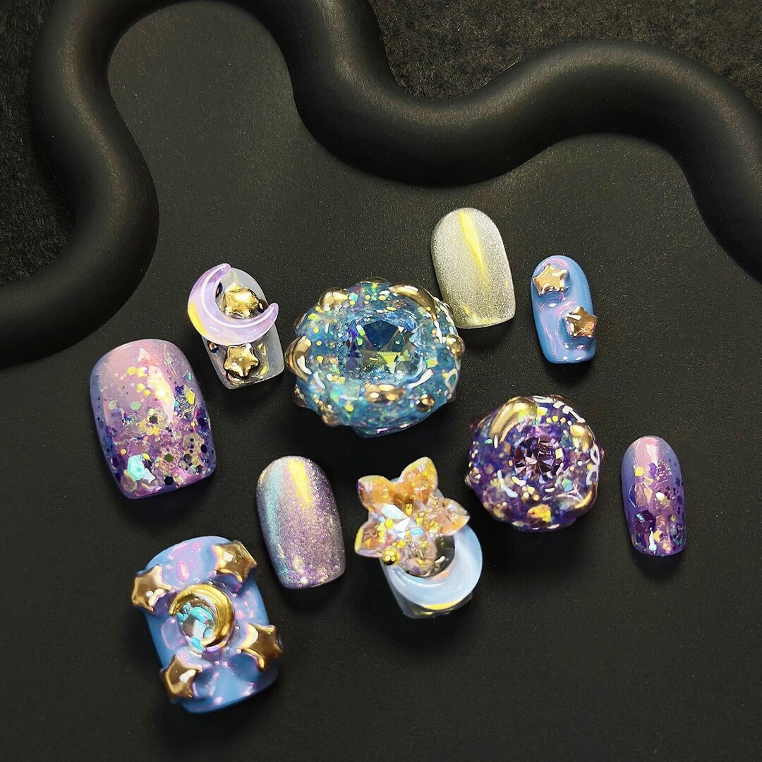 Pluto Onailsun Chic 3D Purple Blue Planet Starry Fashion Short Nail ...
