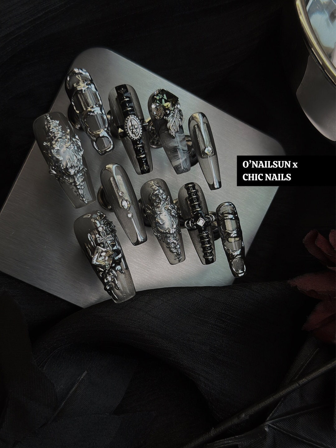 The Greek Gods Hades Onailsun Chic 3D Y2K Nails Silvery Textured Black ...